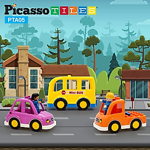 PicassoTiles Magnetic Figures 5 Piece Vehicle and Action Figure Set Including School Bus, Car, Truck and 2 Drivers Magnet Expansion Pack Toddler Toy Kit Pretend Playset for Construction Building Block