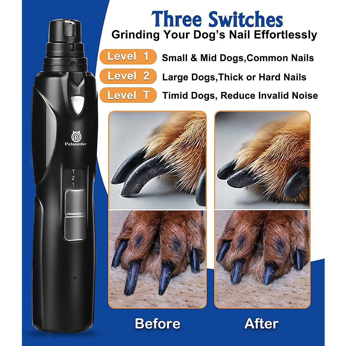 Petsaunter Dog Nail Grinder, 2-Speed and LED Light, Powerful Touch-Switch, Quiet and Low-Vibration Dog Nail Trimmers, and 3 Ports for Large Dogs, Medium, Small Dogs Cats Pets with Hard or Thick Nail