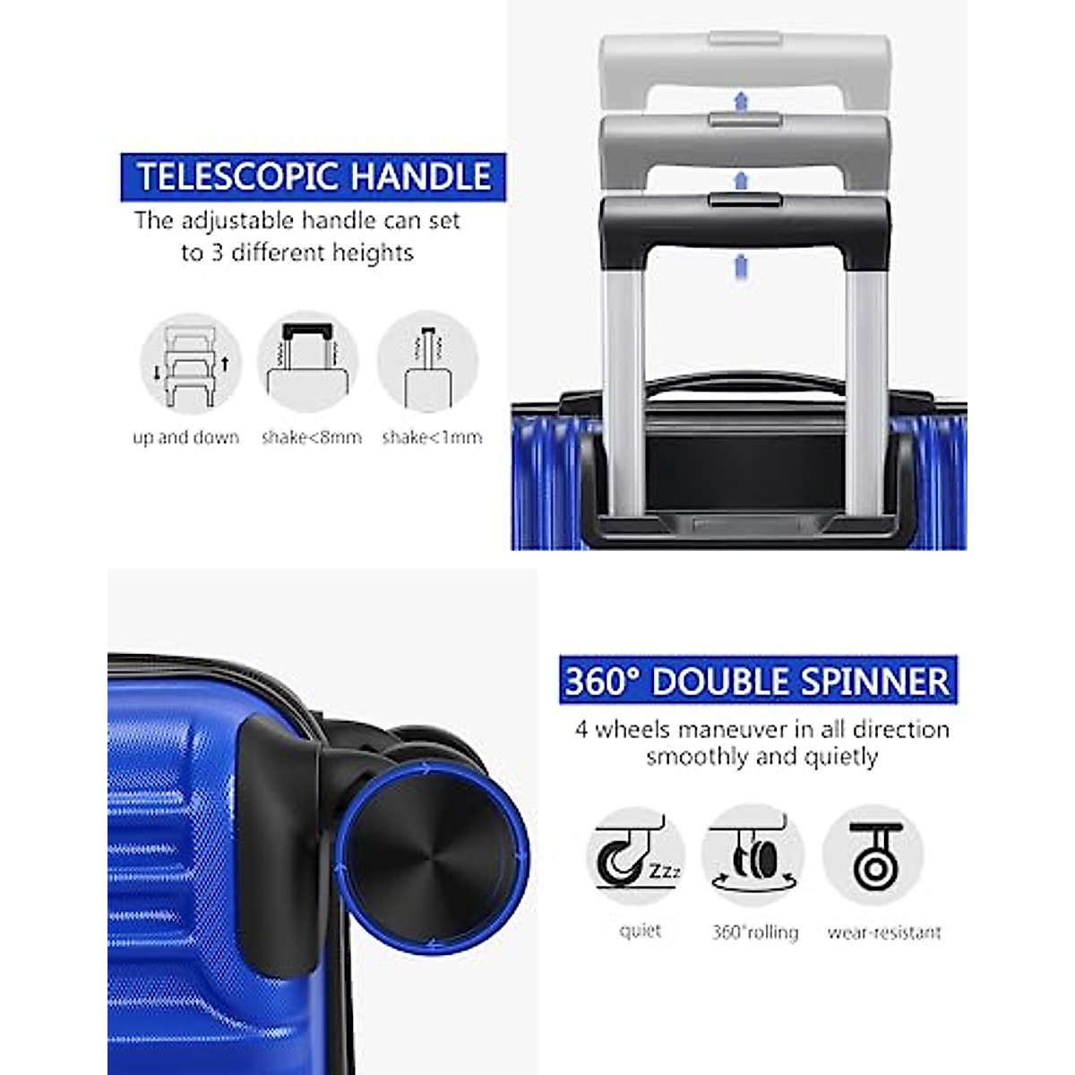 SunnyTour Expandable Luggage Sets with Double Spinner Wheels, 3 Piece Hard Suitcase Set for Short Trips and Long Travel, Blue