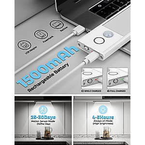 LED Under Cabinet Lighting Wireless,1500mAh USB-C Rechargeable LED Motion Sensor Light Indoor Closet Lights Motion Sensored Under Counter Lights for Kitchen Lights Under Cabinet(White,9.8inch)