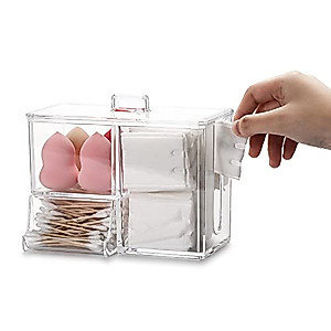 Cotton Swab Holder Makeup Organizer Clear Acrylic Cotton Ball / Sponge /Q-tip Holder and Cotton Pad Holder with Lids for Bathroom Containers Dispenser Holder, 3 Divided Sections