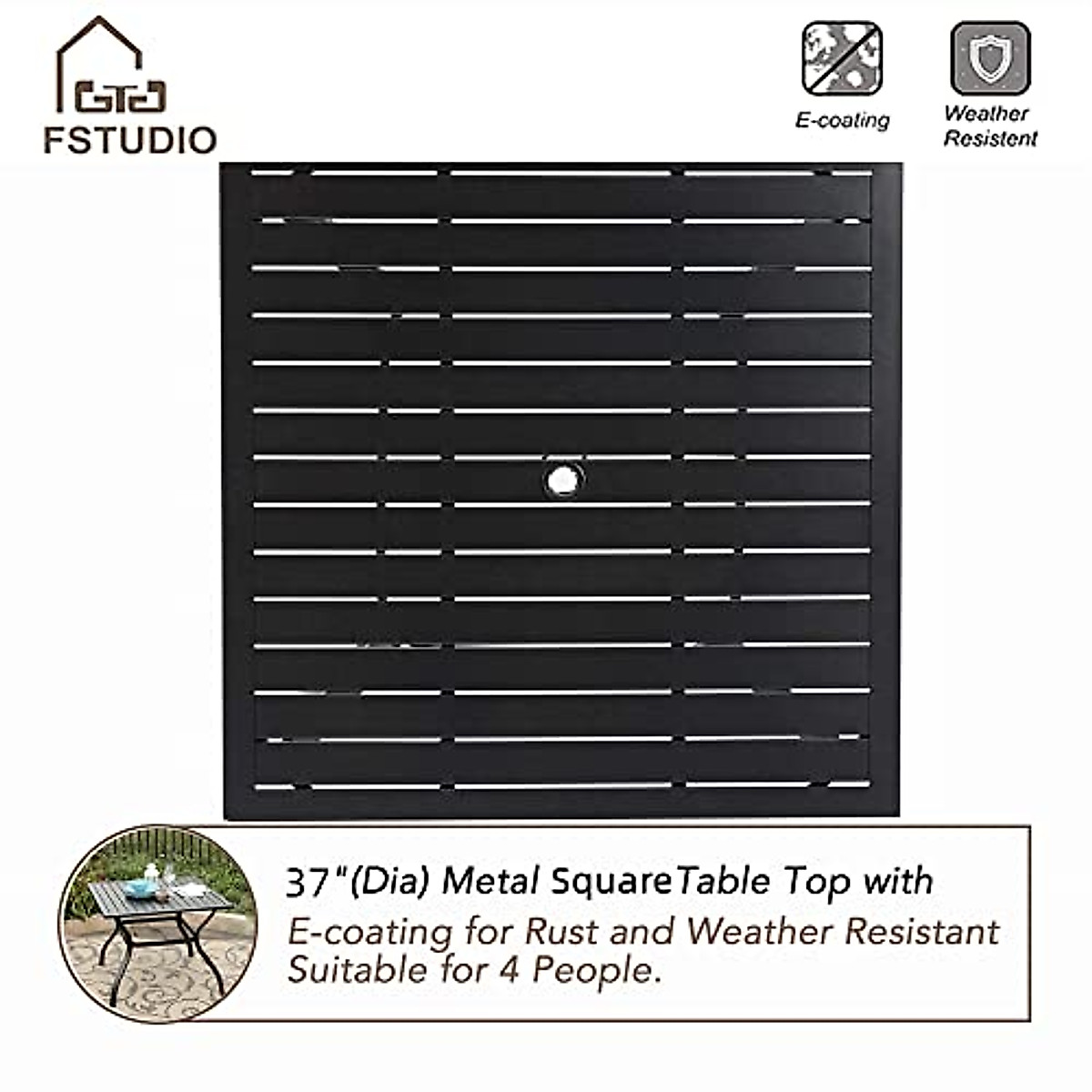 MFSTUDIO 5 Piece Metal Patio Dining Sets Outdoor Club Bistro Bar Sets with 1.57” Umbrella Hole, 4 Garden Backyard Metal Chairs and Larger Square Patio Table, Steel Slat Frame, Black …