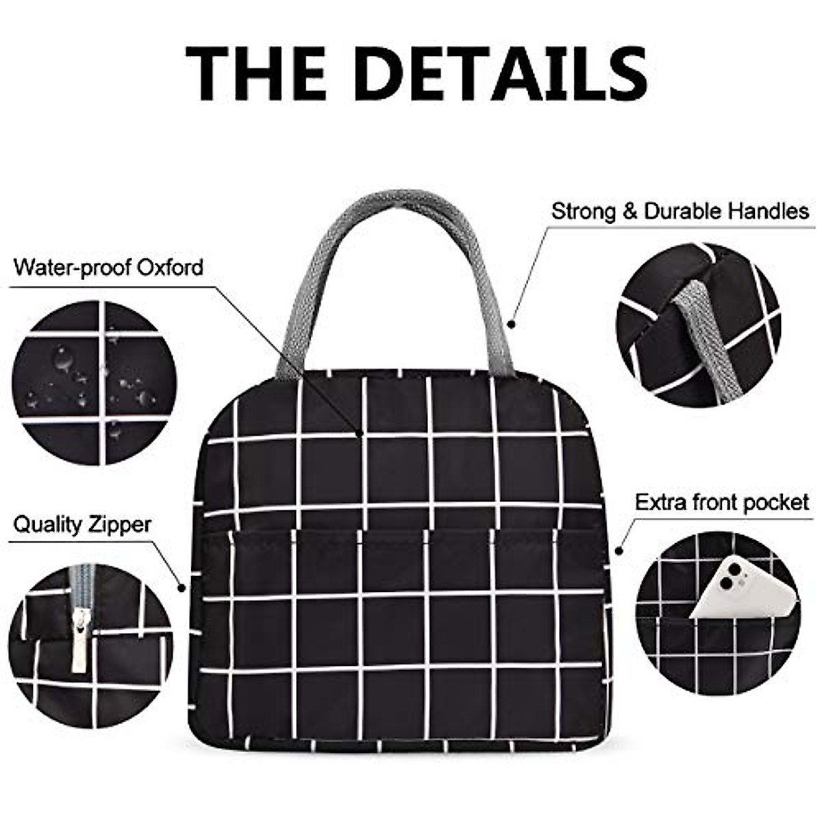 Homlouue Insulated Lunch Bags Lunch Box for Women Men Small Waterproof Lunch Bag Reusable Lunch Tote with Front Pocket Cooler Bag for Work Office Outdoors Picnic, Black plaid