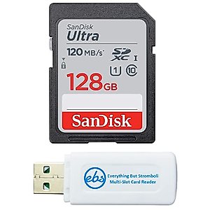 SanDisk 128GB SDXC SD Ultra Memory Card Works with Canon EOS Rebel T7, Rebel T6, 77D Digital Camera Class 10 (SDSDUN4-128G-GN6IN) Bundle with (1) Everything But Stromboli Combo Card Reader