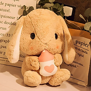 HOUPU Soft Toy - Sitting Lop Eared Rabbit, Easter White Rabbit Stuffed Bunny Animal with Carrot Soft Lovely Realistic Long-Eared Standing Pink Plush Toys (Brown-Milk Bottle,8.6in/22cm)
