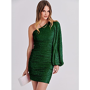 ANRABESS Women's One Shoulder Cocktail Short Dress Glitter Sexy Ruched Bodycon Party Prom Formal Mini Dress for Date Club Nights 963molv-L Green
