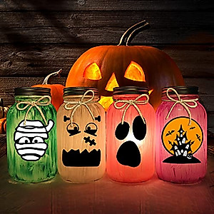 Haooryx 21Pcs DIY Halloween Mason Jar Sticker Set, DIY Your Own Mason Jar Art Craft Kit Sticker Pigment Paintbrush Hemp Rope for Halloween Party Home Decorations Classroom DIY Art Project Kids Gift