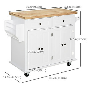 HOMCOM Kitchen Island on Wheels, Rolling Cart with Rubberwood Top, Spice Rack, Towel Rack and Drawers for Dining Room, White