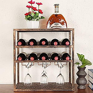 Wine Rack Wrought Iron Wine Rack and Glass Locker Free Standing Goblet Holder Support Display Stand 48x 28x50 Cm for Up to 12 Bottles of Wine