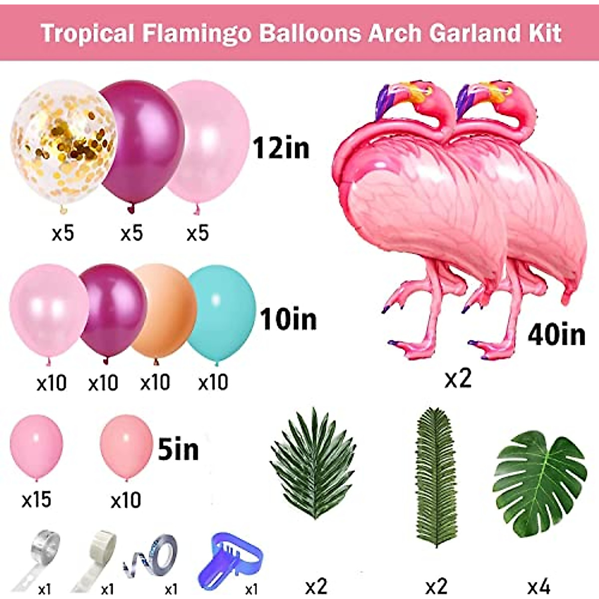 124Pcs Tropical Flamingo Balloon Arch Garland Kit 40" Flamingo Balloons Hot Pink Confetti Balloons Tropical Palm Leaves 4 Tools Hawaiian Luau Birthday Wedding Baby Shower Party Decorations Supplies