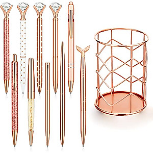 10 Pcs Ballpoint Pen Cute Rose Gold Pens Diamond Pen Liquid Sand Glitter Pen with Pen Holder Pencil Cup Make up Brush Holder Rose Gold Office Supplies for Women Wedding Office Rose Gold Desk Supplies