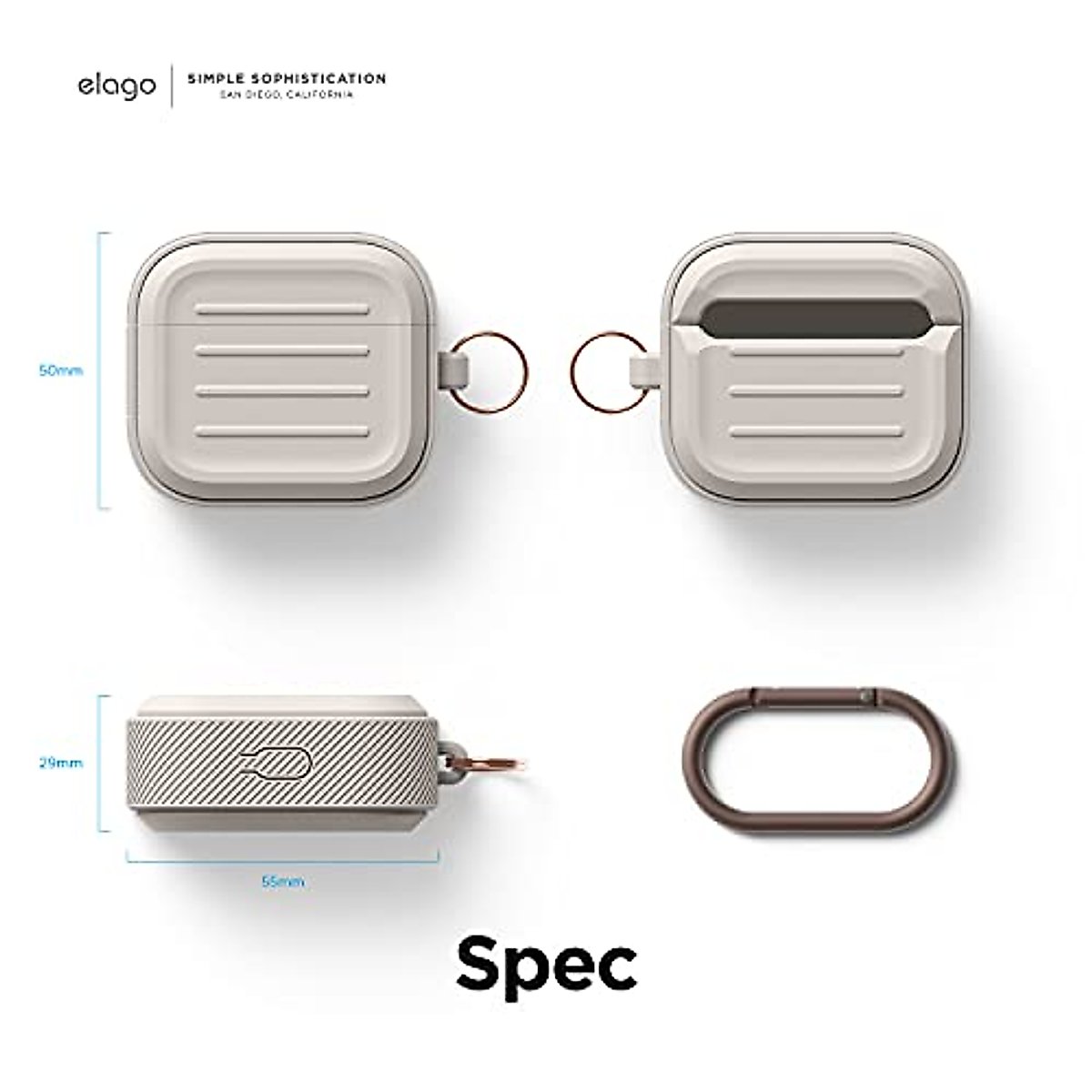 elago Armor Case Compatible with AirPods 3rd Generation Case - Compatible with AirPods 3 Case, Carabiner Included, Supports Wireless Charging, Shock Resistant, Easily Cleaned, Full Protection (Stone)