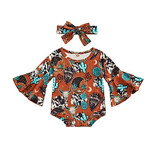 Newborn Baby Girl Romper Flare Long Sleeve Floral Cow Print Bodysuit Jumpsuit with Headband Cute Fall Winter Clothes (Brown, 6-12 Months)
