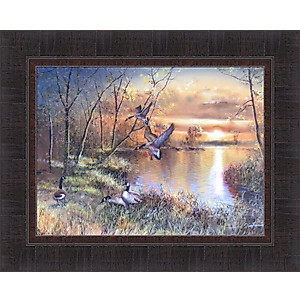 Home Cabin Décor Evening Refuge by Jim Hansel 17x21 Autumn Fall Sunset Canada Geese Lake Waterfowl Framed Art Print Picture