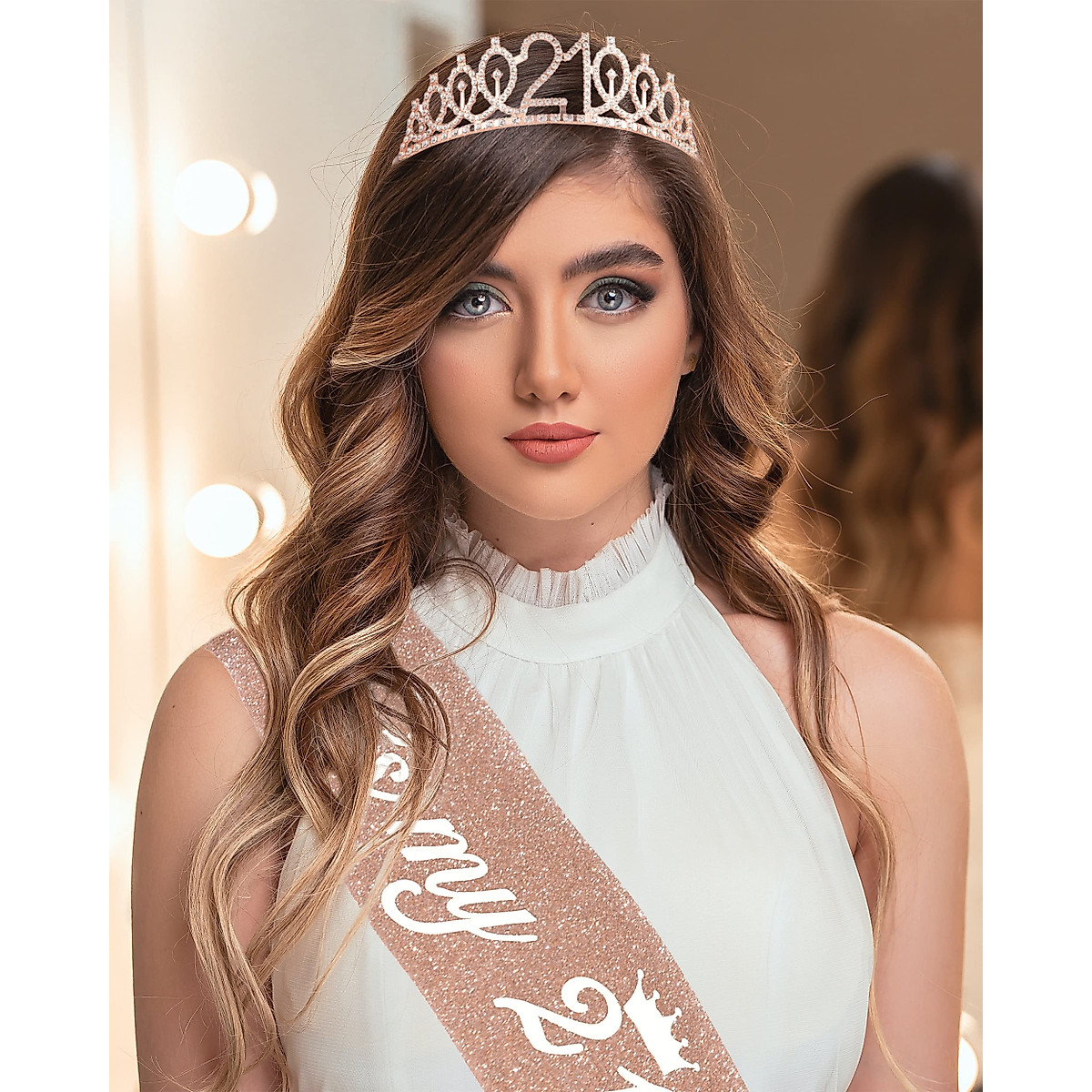 21st Birthday Decorations For Her ZJDZTK,Including Rose Gold 21st Birthday Sash,Crown,Cake Topper,Digital Candles,Balloons Set,Accompanying Birthday Card And Beautiful Gift Box