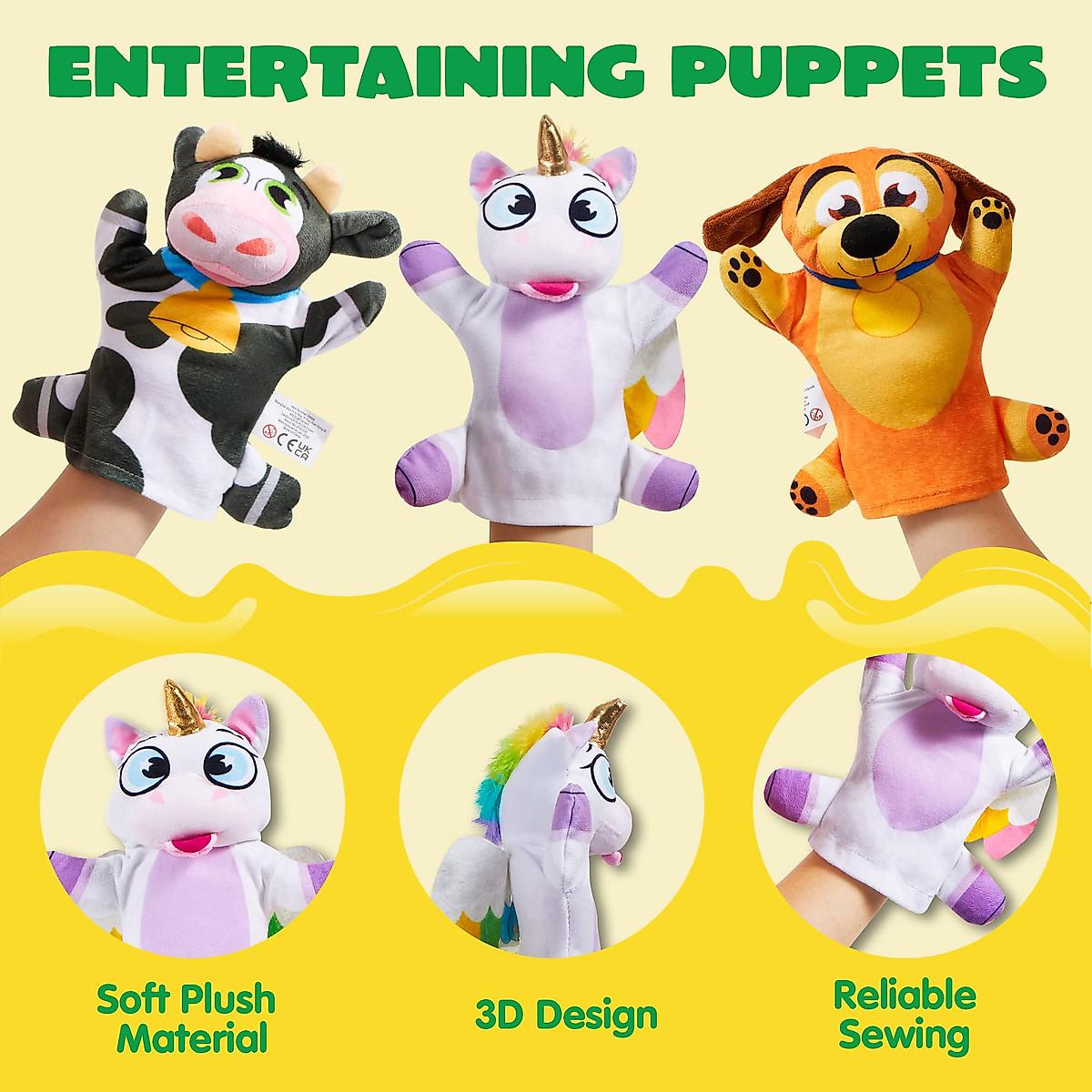 JOYIN 6Pcs Kids Hand Puppet Set, Toddler Animal Plush Toy Includes Elephant, Unicorn, Puppy, Pig, Tiger and Cow for Boys Girls Show Theater, Birthday Party Gifts, Easter Basket Stuffers