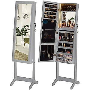 LUXFURNI LED Jewelry Organizer, Standing Jewelry Storage Cabinet with Full-Length Mirror, Lockable Jewelry Armoire with Drawers, Grey, 60.2''H*18.7''L*14.4''W (STELLA6GS)