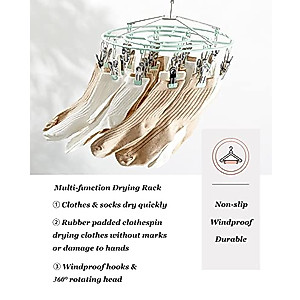Decohomeforu Stainless Steel Clothes Sock Drying Rack with 24 Clips, Swivel Hook Windproof Clothes Hanger Rack for Sock, Bras, Towel, Underwear, Hat, Scarf, Gloves, Pants Laundry Clothes (Green Clips)