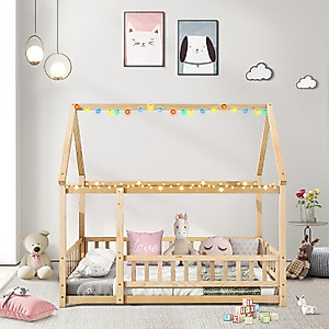 LLS Twin Montessori Bed Frame, Wooden House Bed with Fence and Roof, Floor Bed for Boys Girls Bedroom, Natural