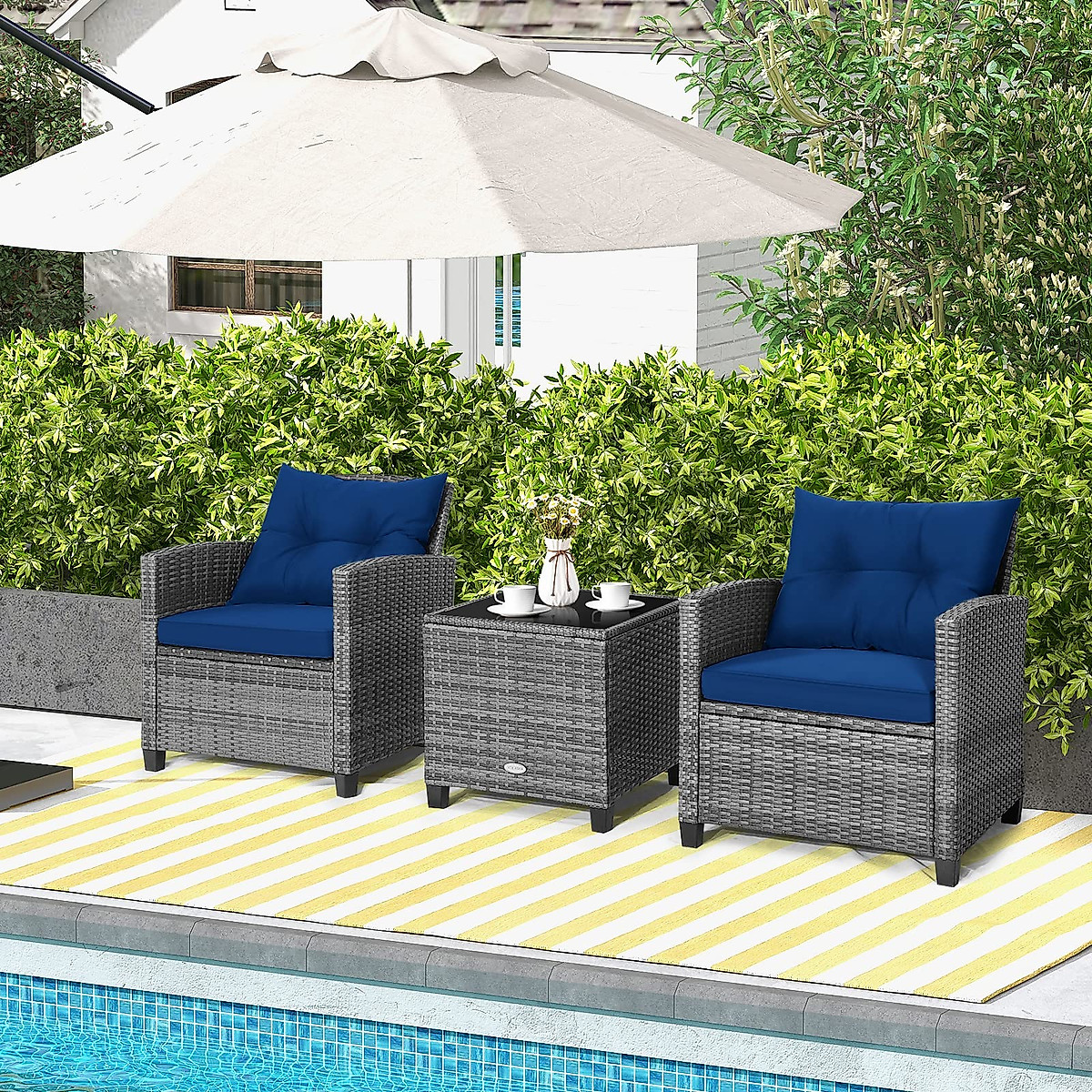 Tangkula 3 Pieces Patio Furniture Set, Outdoor PE Rattan Conversation Chair Set with Tempered Glass Side Table and Removable Cushions, PE Wicker Chairs and Table Set for Porch, Balcony and Garden