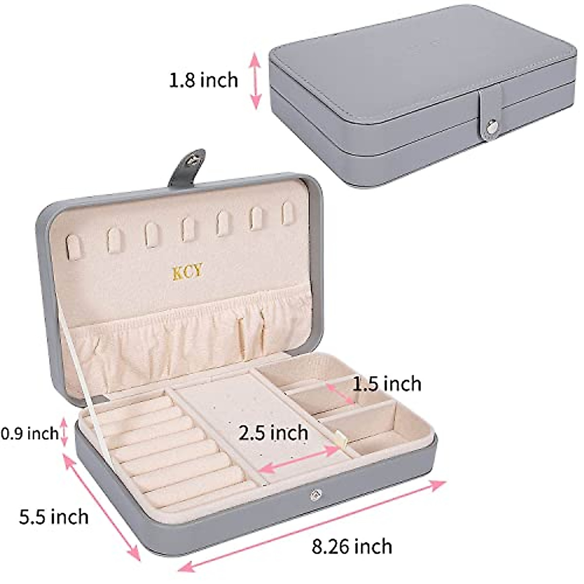 KCY Jewelry Box for Women Girls,Small Travel Jewelry Organizer Case,PU Leather Portable Jewellery Storage Boxes Display Holder for Ring Earrings Necklace Bracelet Bangle , Men Teen Kids Gift, Grey