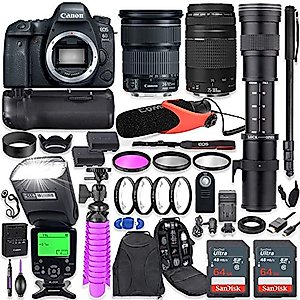 Canon EOS 6D Mark II DSLR Camera Kit with Canon 24-105mm STM & 75-300mm Lenses + 420-800mm Telephoto Zoom Lens + Battery Grip + TTL Auto Flash + Comica Microphone + 128GB Memory + Accessory Bundle
