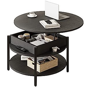 FABATO Round Lift Top Coffee Table with Storage and Hidden Compartment, 35.43'' Farmhouse Coffee Table for Living Room Reception Room, 2 Tier Large Round Coffee Table Round Dining Table, Black