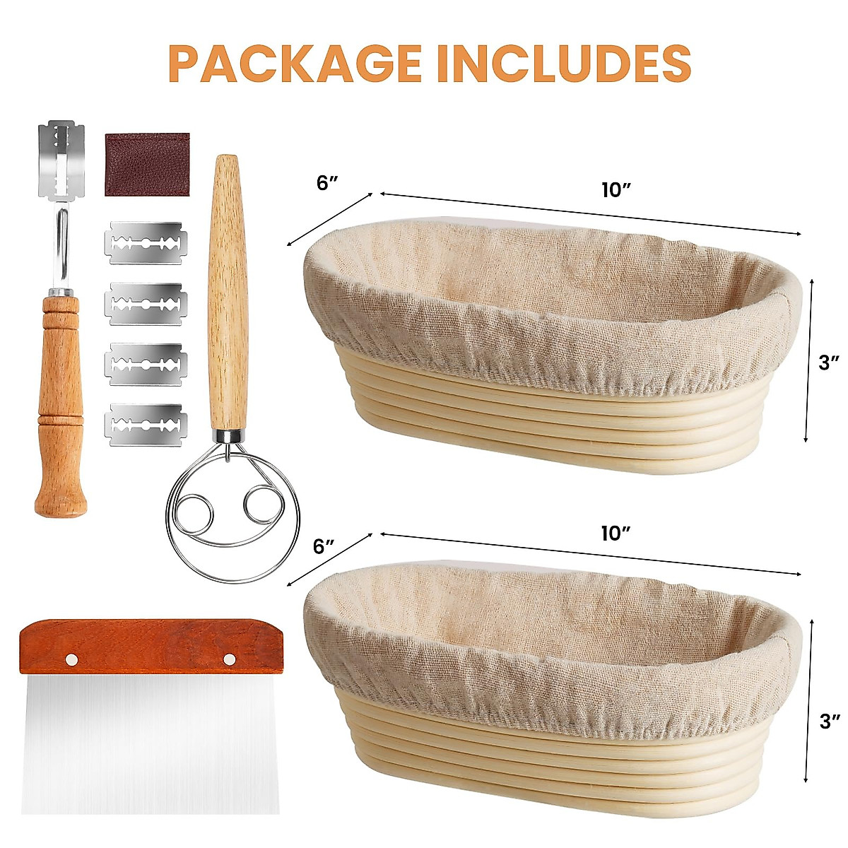 KIKCOIN Banneton Bread Proofing Basket, 10 Inch Oval Sourdough Bread Baking Supplies, Sourdough Proofing Basket Set of 2, Sourdough Starter Kit with Bread Lame, Linen Liner, Metal Scraper, Dough Whisk