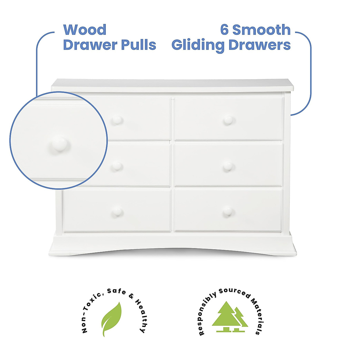 Delta Children Bentley Six Drawer Dresser, White, 49" width x 19" depth x 33.50" height