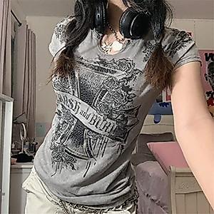 Alyweatry Women Cute Graphic Short Sleeve Crop Top Vintage Print E-Girl Slim Fit Tee Top Aesthetic Clothes Streetwear (Grey Goth Print, S)