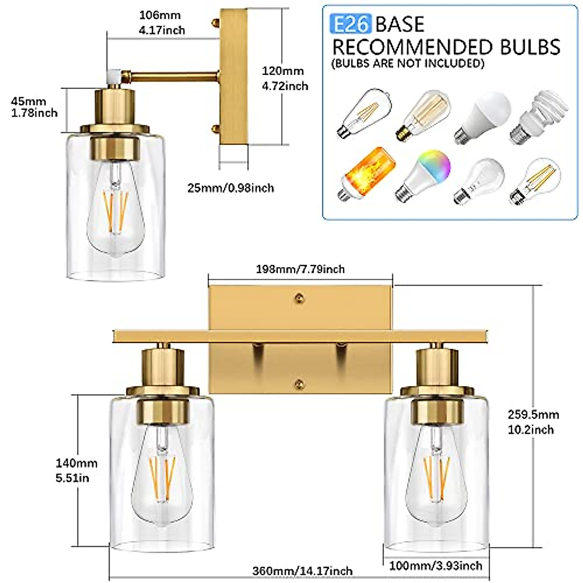 ShineTech 2-Light Gold Bathroom Vanity Light Fixtures, Modern Wall Lighting with Clear Glass, Brushed Brass Wall Sconce Light for Mirror, Living Room