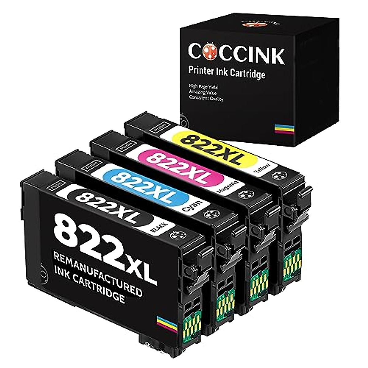 COCCINK 822XL Ink Cartridges for Epson 822 XL T822 for Workforce Pro WF-3820 WF-4830 WF-4820 WF-4833 WF-4834 Printer Ultra Combo Pack Remanufactured Printer Ink (Black Cyan Magenta Yellow, 4 Pack)