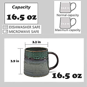 wewlink Large Ceramic Coffee Mug, Pottery Mug,Tea Cup for Office and Home,Handmade Pottery Coffee Mugs,16.5 Oz,Dishwasher and Microwave Safe,kiln altered glaze craft (Dark Green)