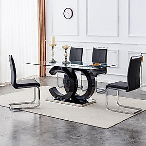 FURNITO 63'' Glass Dining Table Set for 4,Modern Dining Table Set for 4,Tempered Glass Table Top and High-End Design MDF Base with 4 Leather Ergonomic Dining Chairs