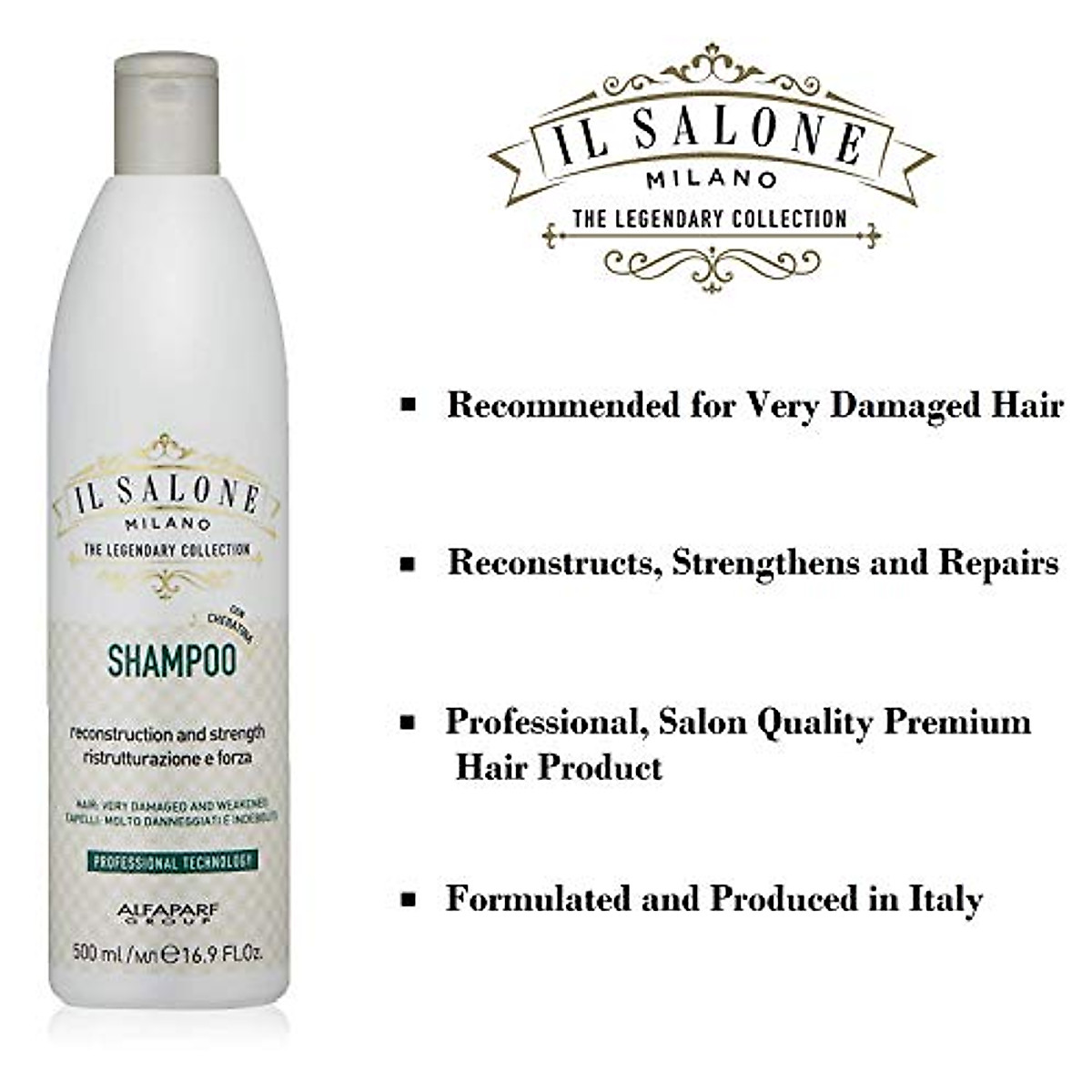 Il Salone Milano Professional Keratin Shampoo for Very Damaged Hair - Reconstruction, Strengthen and Repair - Premium Quality - 16.91 Fl. Oz / 500ml