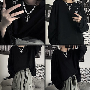 Y2k Necklace Gyaru Goth Necklaces Fairy Grunge Jewelry Pearl Necklace with Cross for Women Coquette Aesthetic Cyber Emo Alt Necklaces for Women