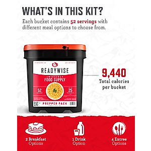READYWISE - Prepper Pack Bucket, 52 Servings, Emergency, MRE Meal & Drink Supply, Premade, Freeze Dried Survival Food, Hiking, Adventure & Camping Essentials, Individually Packaged, 25 Year Shelf Life