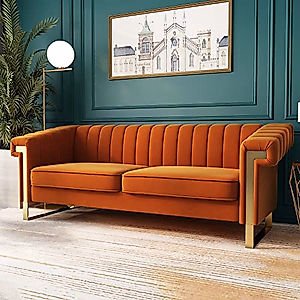 ANTTYBALE 83'' Orange Velvet Couch Sofa Mid-Century Modern Love Seat Chesterfield 3 Seat Couches Sofa for Living Room Apartment (Orange)