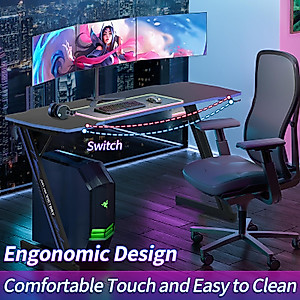 XXkseh 47 in Gaming Desk Z-Shaped Home Computer Desk with Hook Large Gaming Table for Work Study, PC Gaming Workstation with Carbon Fiber Surface, Sturdy Metal Frame, Stable and Durable, Red