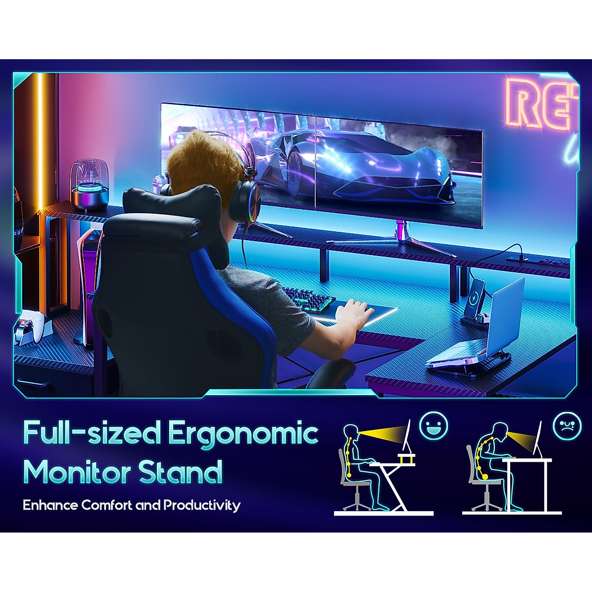 AODK 57 Inch L Shaped Gaming Computer Desk with USB Charging Ports & Power Outlets, Home Office Writing Corner Desk with Drawers and Monitor Stand, Study Table with LED Lighting, Carbon Black