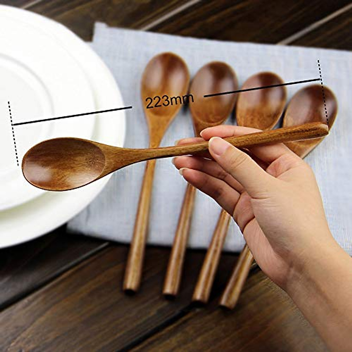 Wooden Spoons, Wood Spoons for Eating, 6 Pieces Japanese Natural Plant Ellipse Wooden Ladle Spoon Set for Cooking Mixing Stirring Honey Tea Soda Dessert Coconut Bowl Nonstick Pots Kitchen,FDA Approved