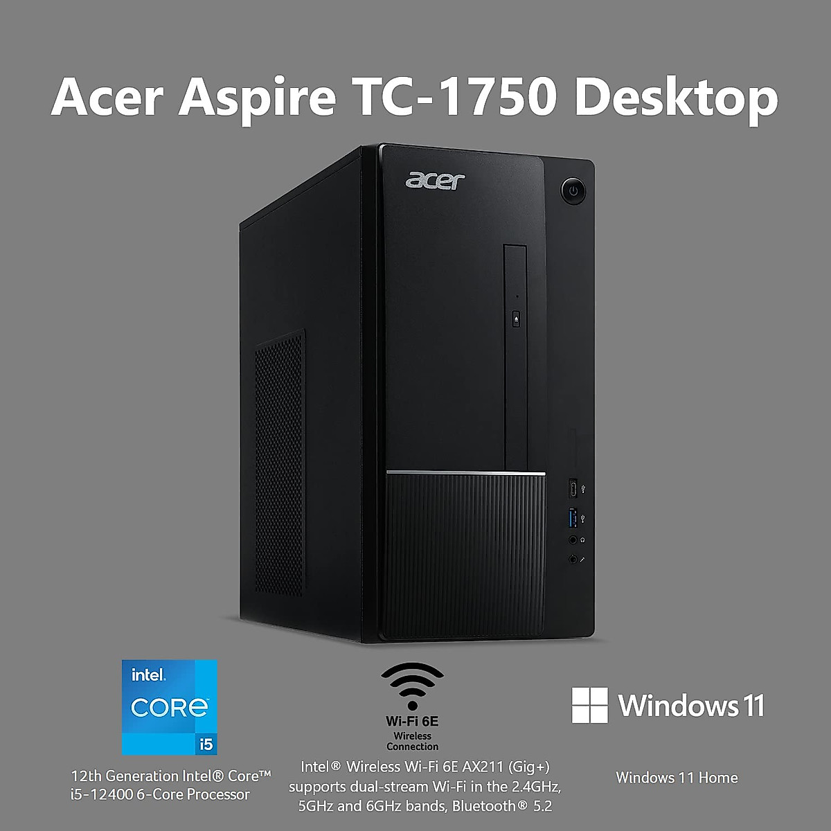 Acer Aspire TC-1750-UR12 Desktop | 12th Gen Intel Core i5-12400 6-Core Processor | 16GB 3200MHz DDR4 | 512GB NVMe M.2 SSD | 8X DVD | Intel Wireless Wi-Fi 6E AX211 | Bluetooth 5.2 | Windows 11 Home