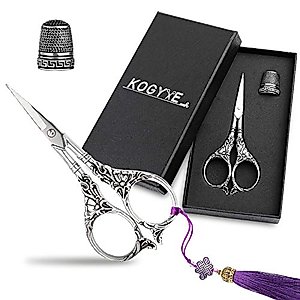 Embroidery Scissors, Sewing Scissor Sharp Tip Stainless Steel, Vintage European Design Scissors with Tassel,Thimble, DIY Tools Dressmaker Shears for Fabric, Embroidery, Needlework(Silver)