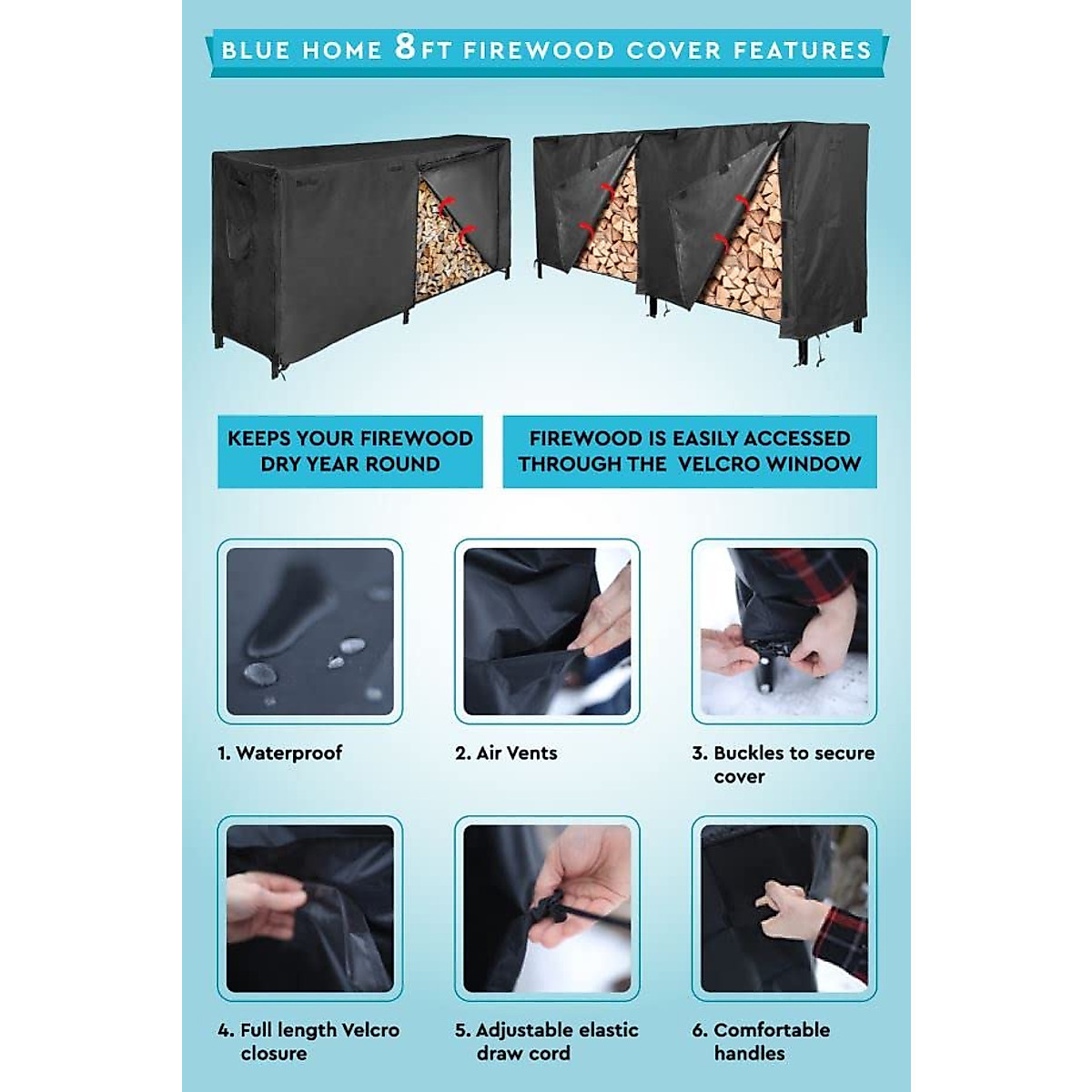 BLUEHOME 8ft Heavy Duty Indoor Outdoor Firewood Storage - Log Rack with Waterproof Cover and Log Carrier Combo – Black Steel Tubular Log Holder for Fire Pits and Fireplaces – Easy to Assemble