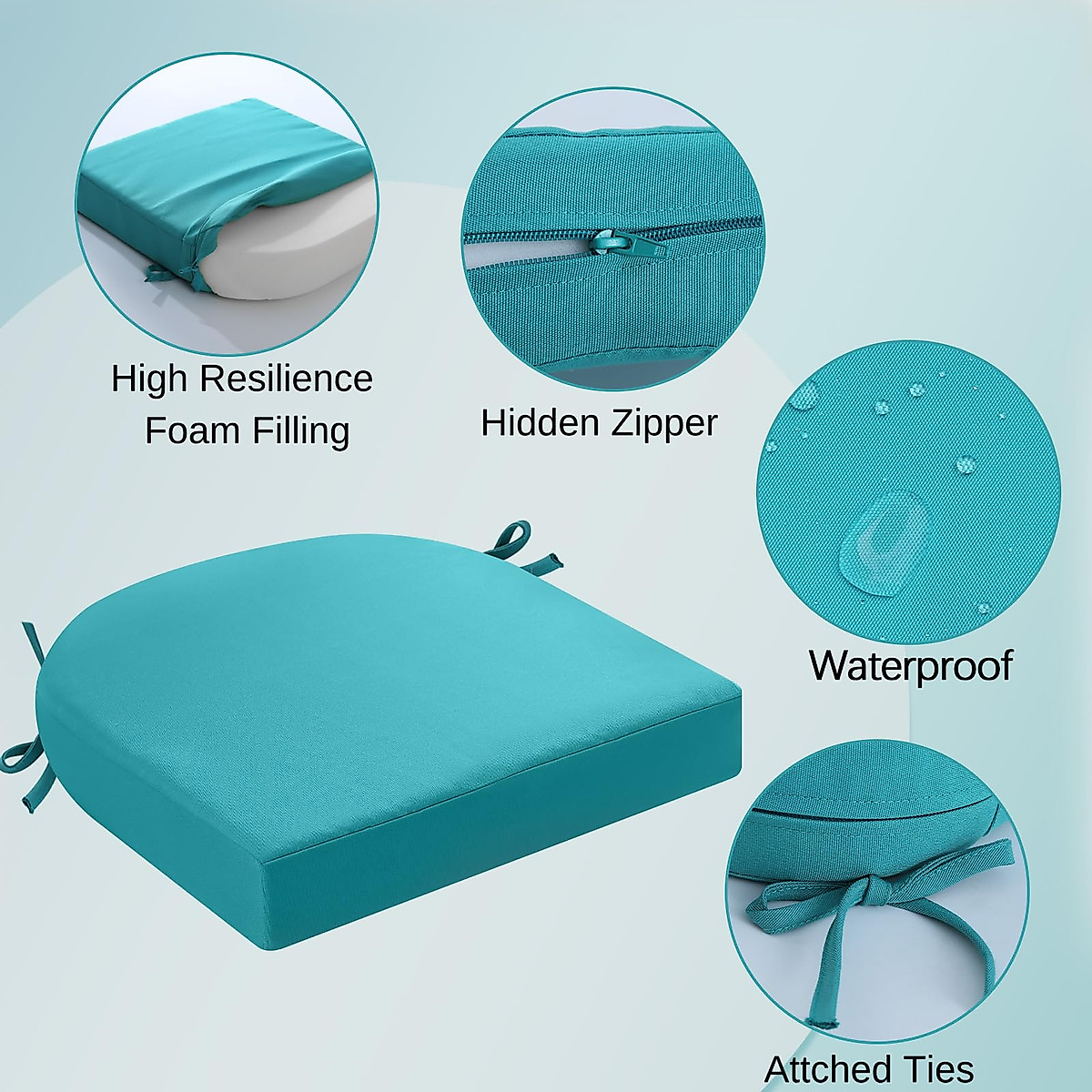 idee-home Outdoor Chair Cushions Set of 2, Thick 19" x 19" x 3" Patio Chair Cushions for Outdoor Furniture Waterproof with Ties, Outdoor Seat Cushion, Chair Pads Dining Chair Blue