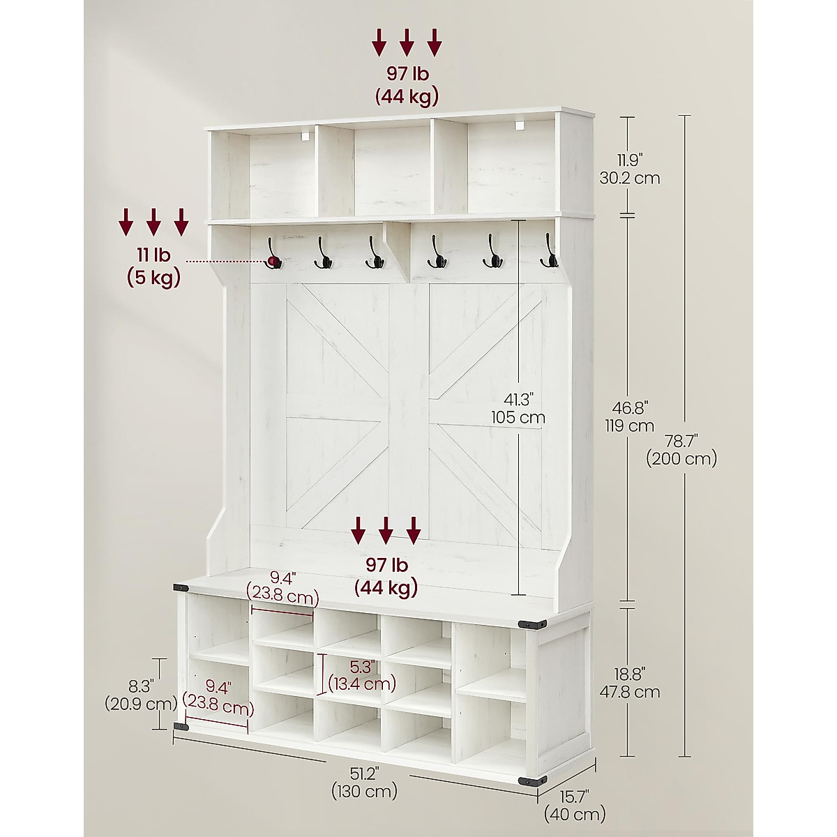 VASAGLE Hall Tree with Bench and Shoe Storage, Coat Rack with Shoe Bench, Entryway Furniture, 16 Open Compartments, 6 Tri-Hooks, Farmhouse Style, Space Saving, Rustic White UHSR427W02