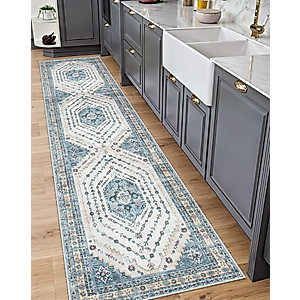 Sivilife Boho Hallway Runner Rug Washable Runner Rugs for Hallway, 2'6''X10' Extra Long Kitchen Rugs Non Slip, Blue Runner Rugs with Rubber Backing, Tribal Carpet Runner Rugs for Entryway Corridor