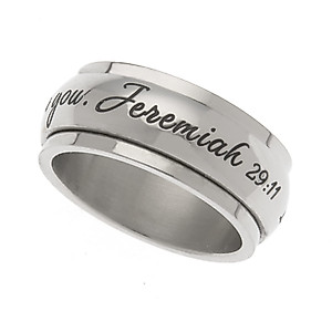 Beads & Pearls Jewelry 8mm Stainless Steel Women's Men's Inspirational Spinner Ring - for I Know The Plans Have You Jeremiah 29:11 Religious Fashion Jewelry, Anxiety Stress Relief, Size 9, Silver