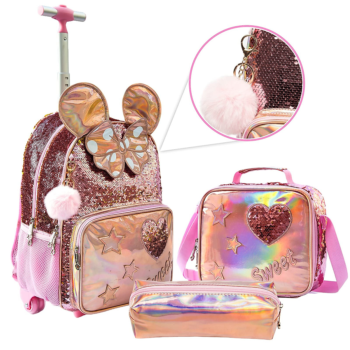 Rolling Backpack 16 Inch Kids Backpack School Backpack, 3 IN 1 Bookbag Set for Girls