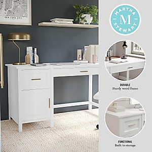 Martha Stewart Hutton Shaker Style Home Office Desk with Storage in White with Polished Brass Hardware